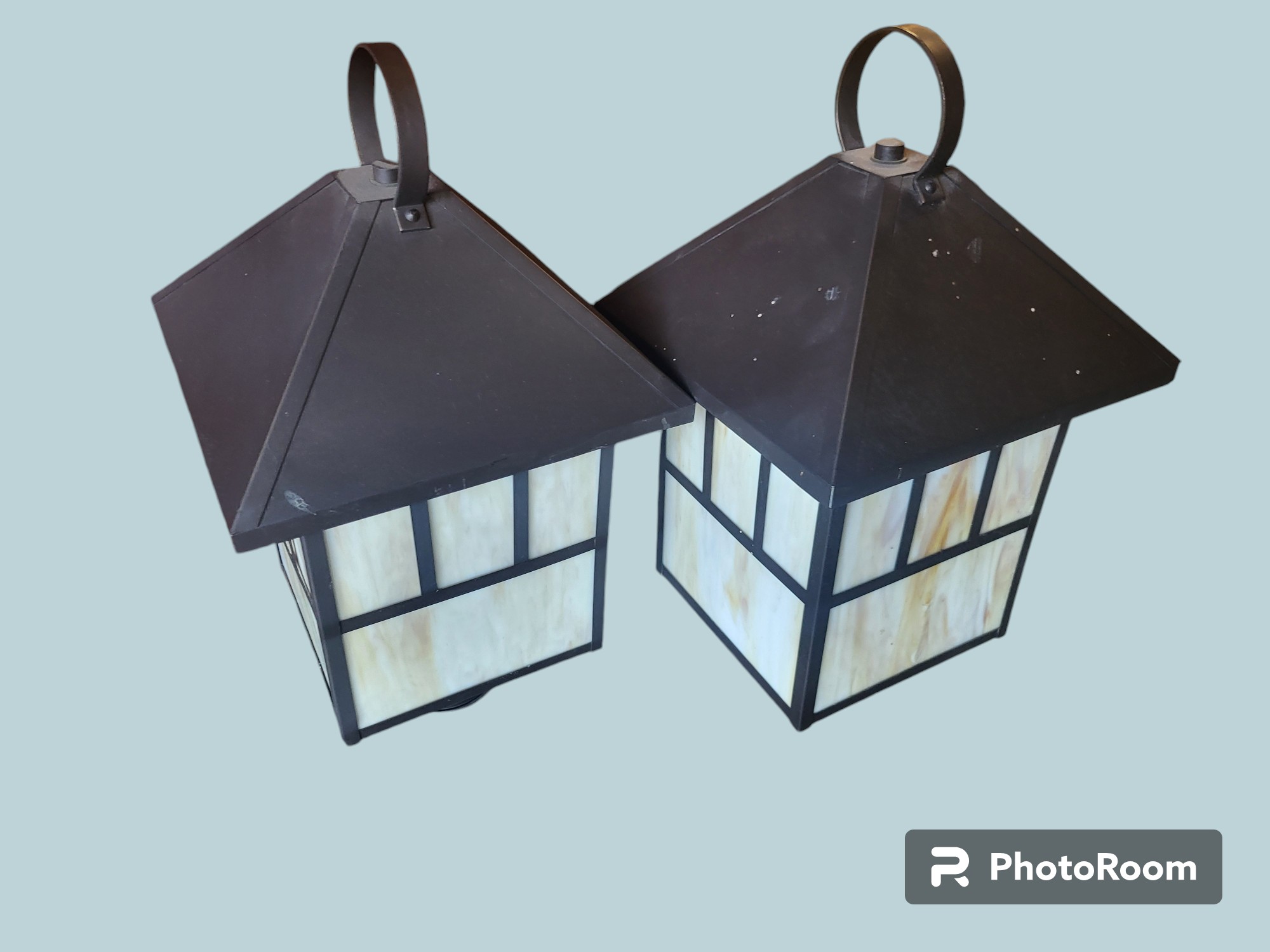 2 Outdoor Mission Style Pole Lamps - Stained Glass - Long Valley Traders