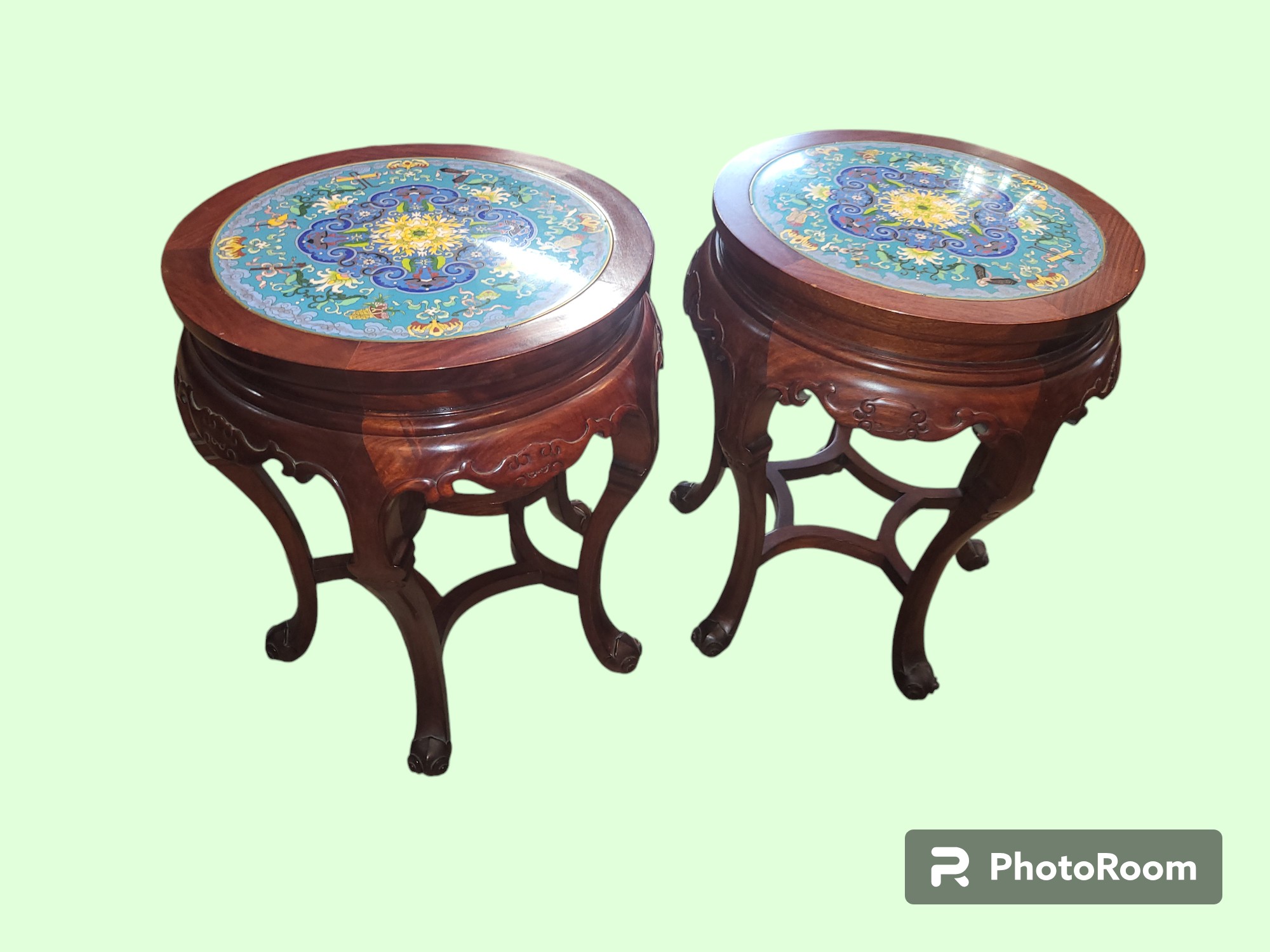 2 Small Round Mahogany Chinese Cloisonne End / Pedestal Tables with ...