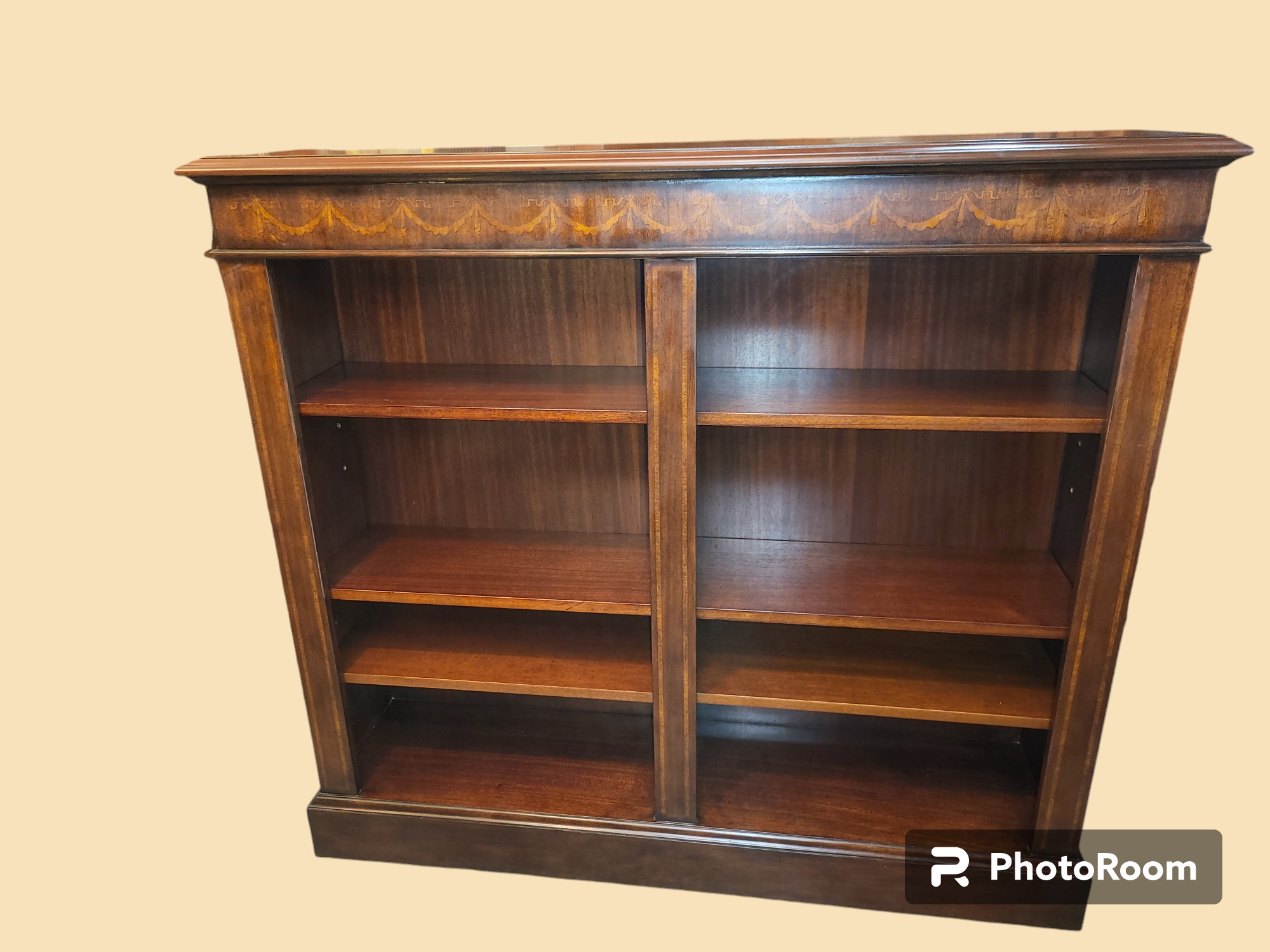 Antique Low Profile Solid Mahogany Double Bookcase - 6 Shelves - Long ...