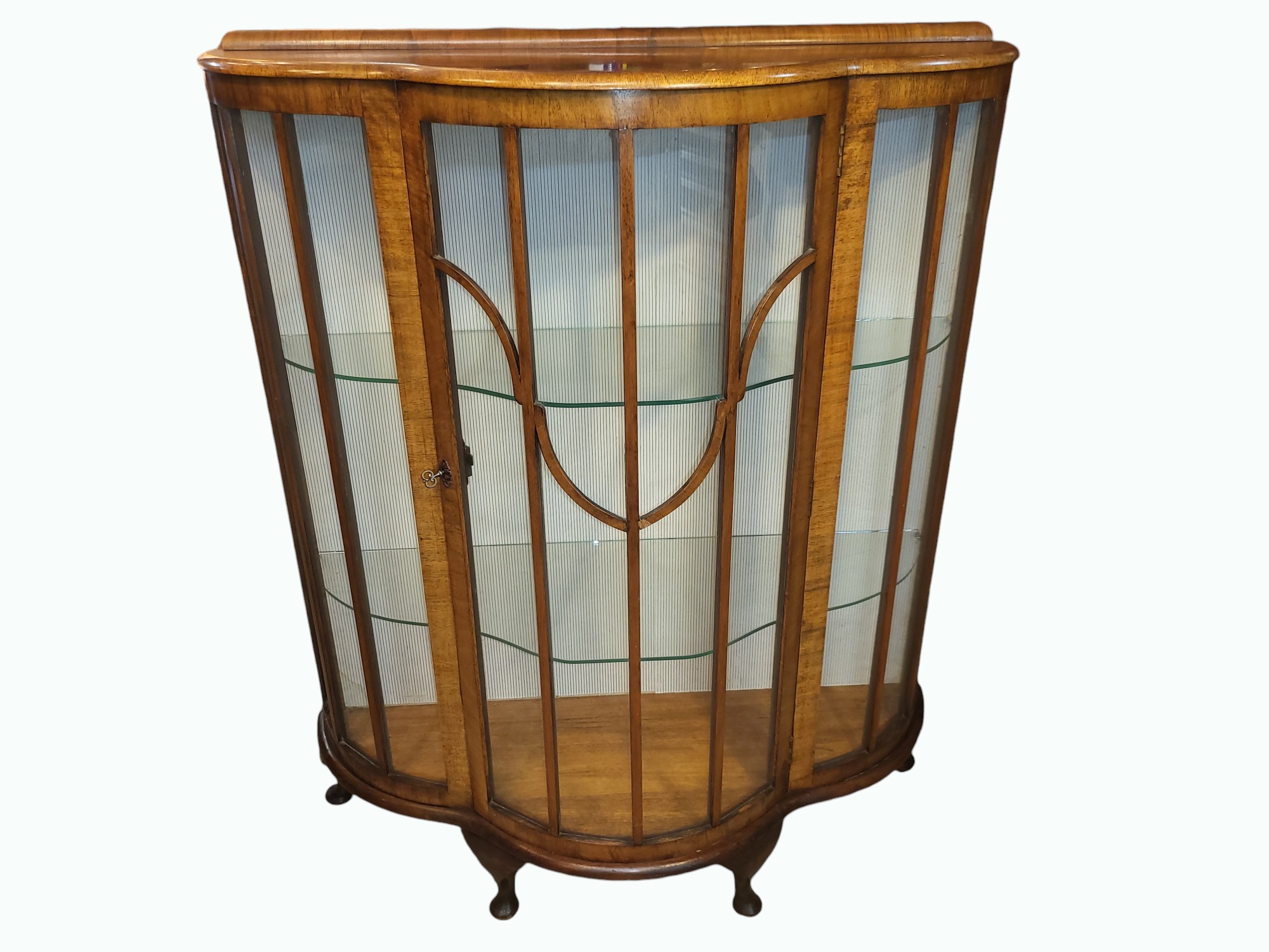 Antique Art Deco / Nouveau Walnut Curved Front Display Case - 2 Glass ...