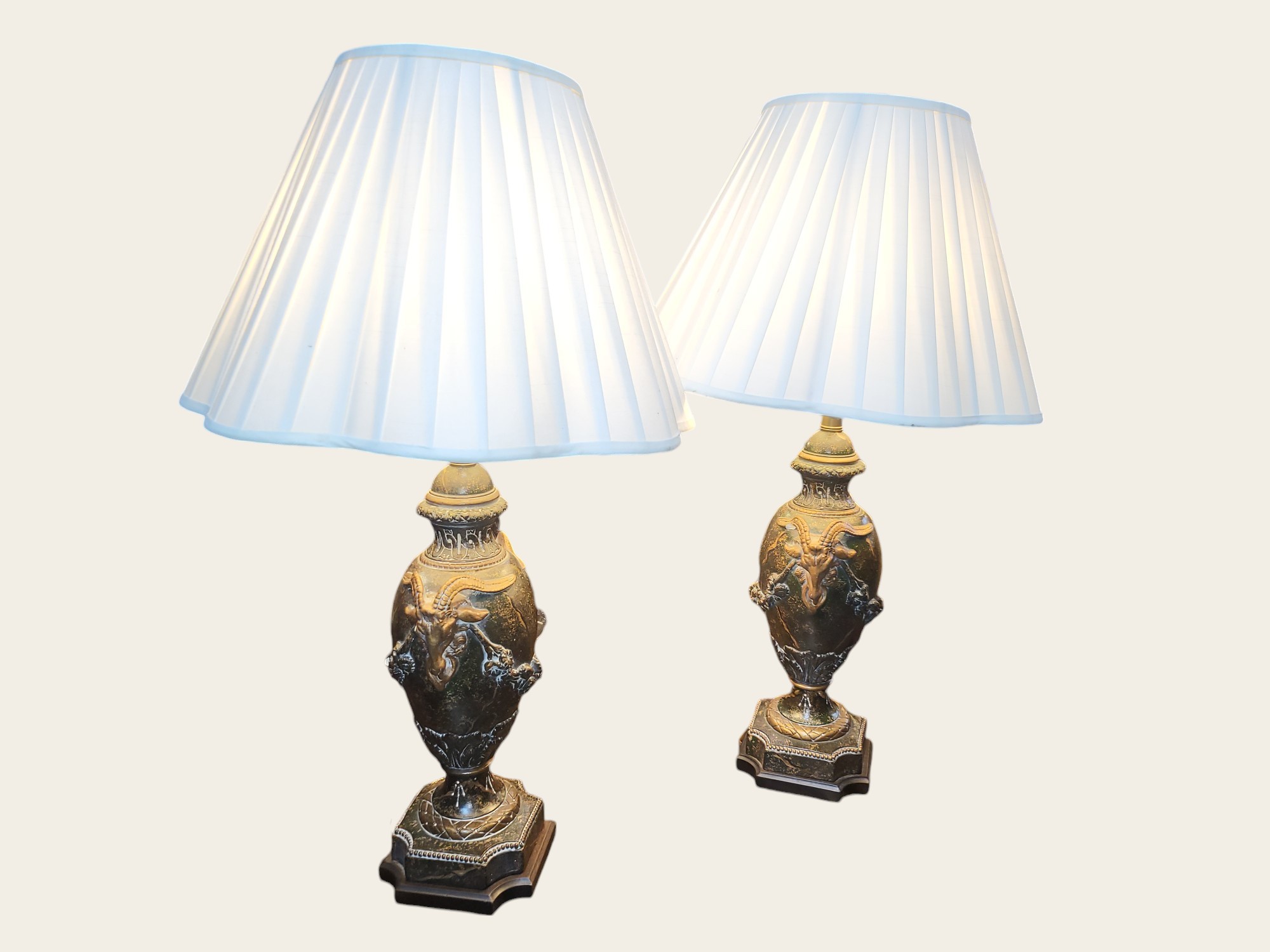 2 Modern Designer Style Rams Head Table Lamps with White Shade - Long ...