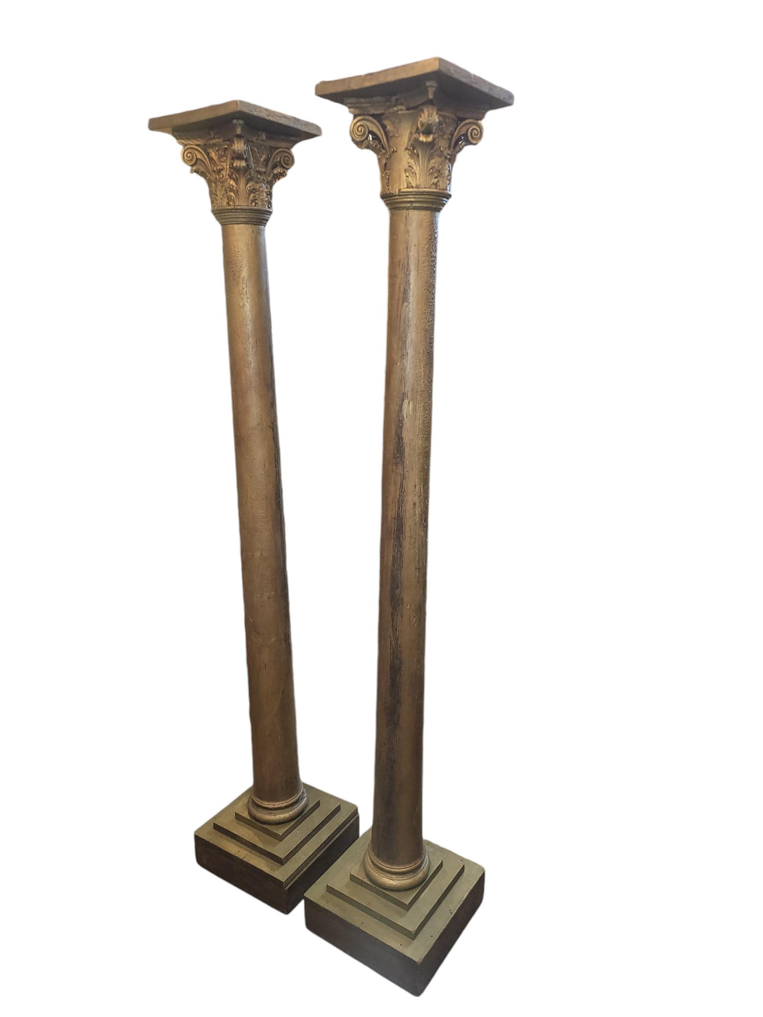 2 Tall Solid Wood Antique Columns with Green / Bronze Patina - Long ...