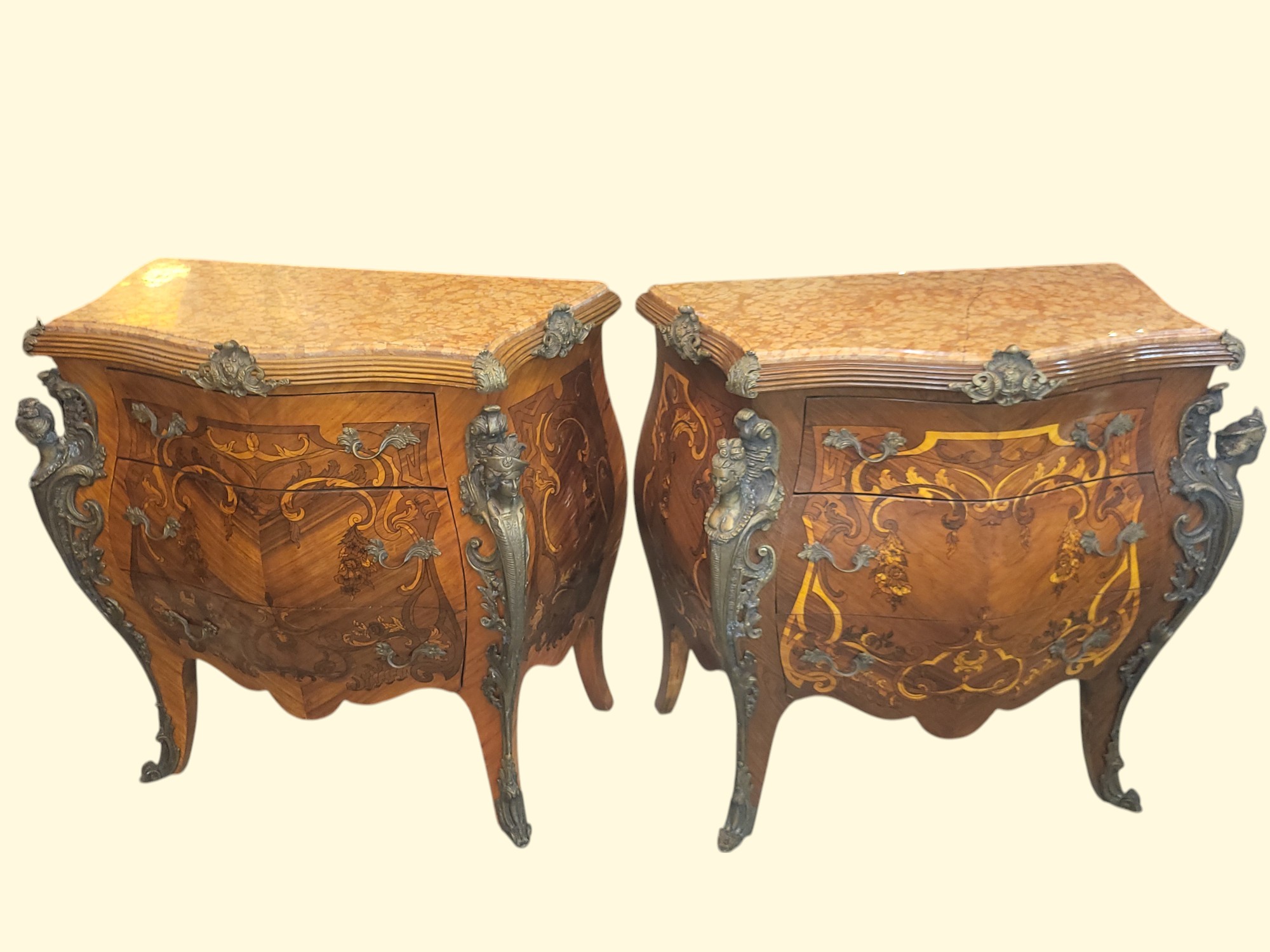 2 Antique Marble Top 3 Drawer Louis XV Style Bombe Commode Chests with ...