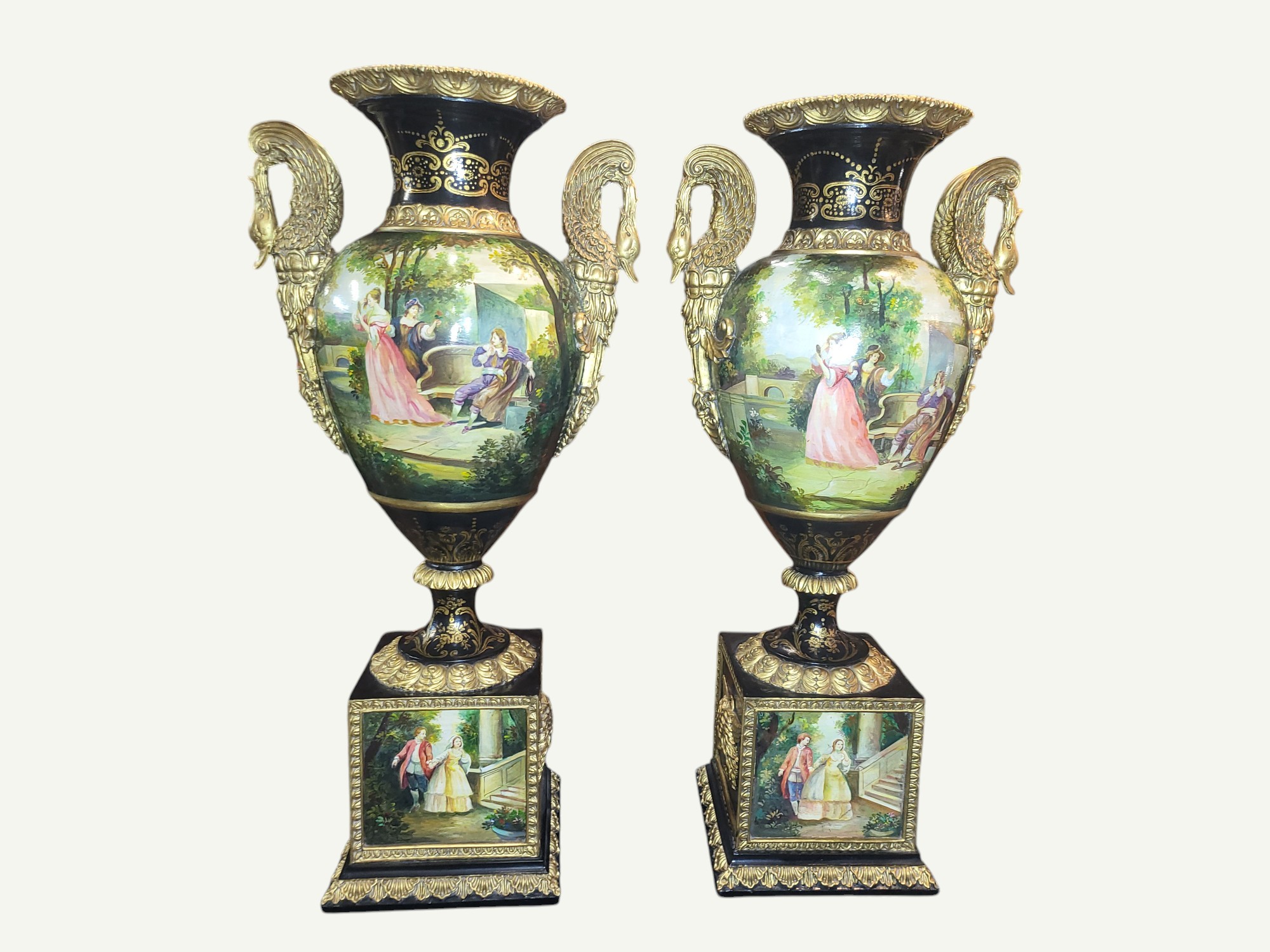 2 Large Vintage Hand Painted Decorative Vases / Urns with Classical ...
