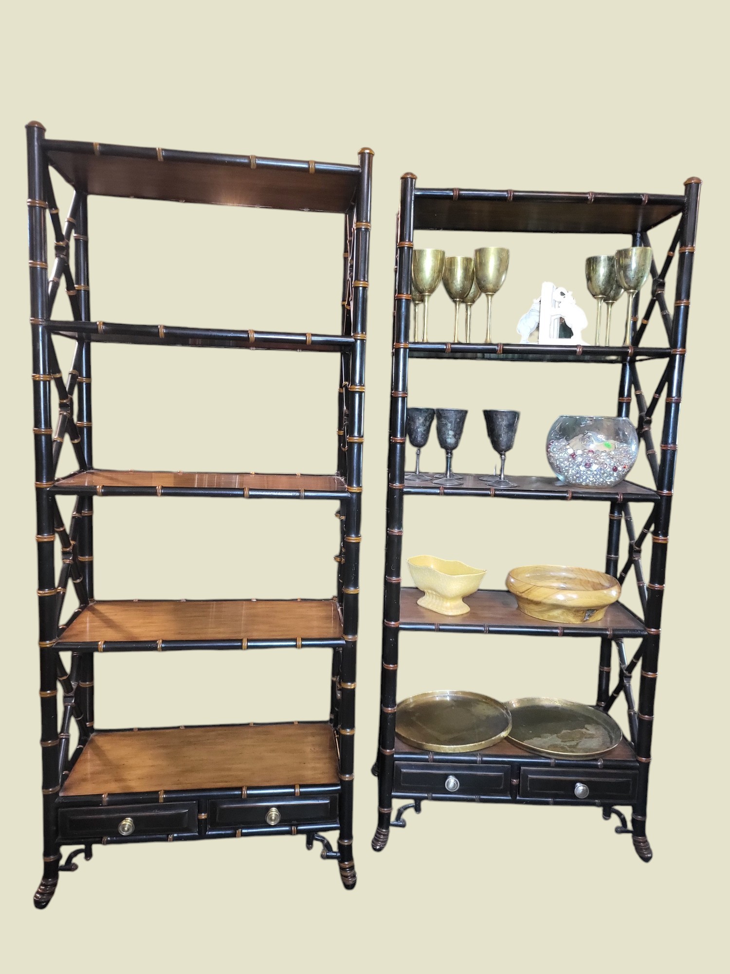 2 Theodore Alexander Bamboo Style Etagere / Bookcases - Long Valley Traders