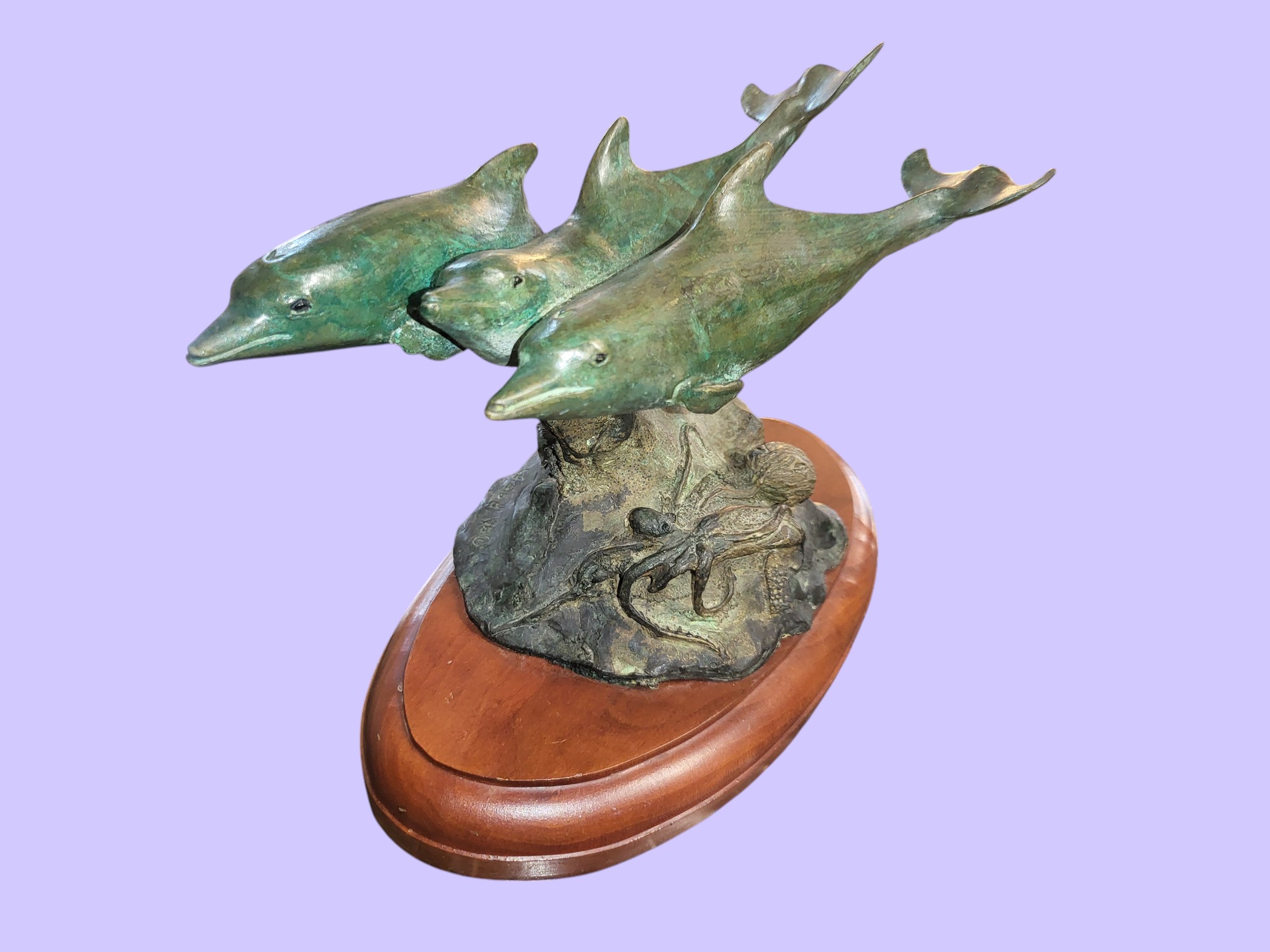 Vintage Signed Bronze Sculpture of 3 Dolphins / Rock / Sea Life ...