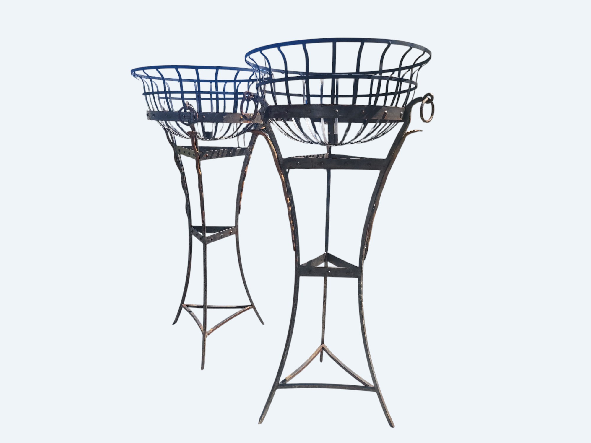 2 Hand Forged Heavy Iron Stands (1 with Metal Basket) from Film Set of ...