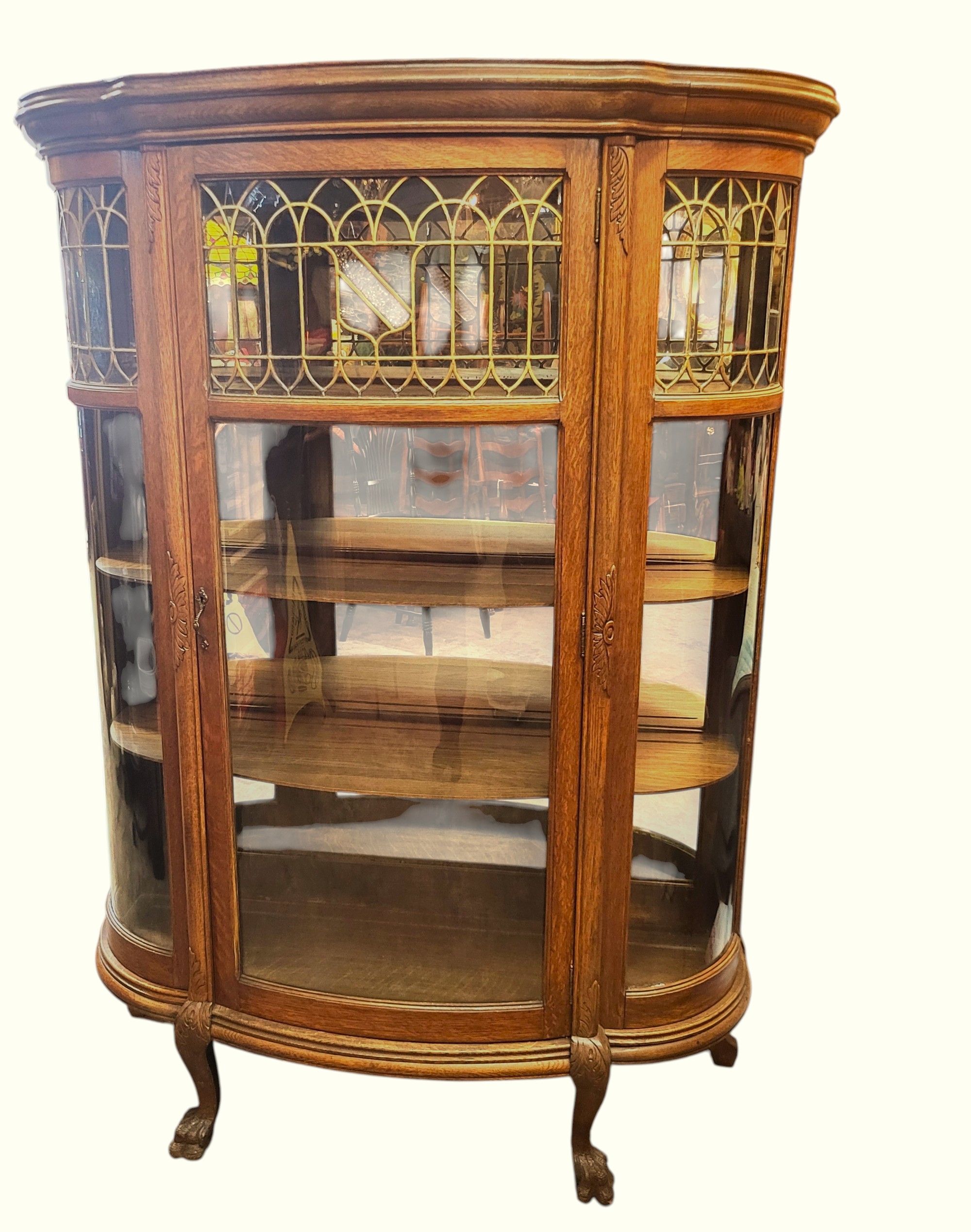 Antique Tiger Oak Curved Front Bookcase with Leaded Glass Top - Long ...