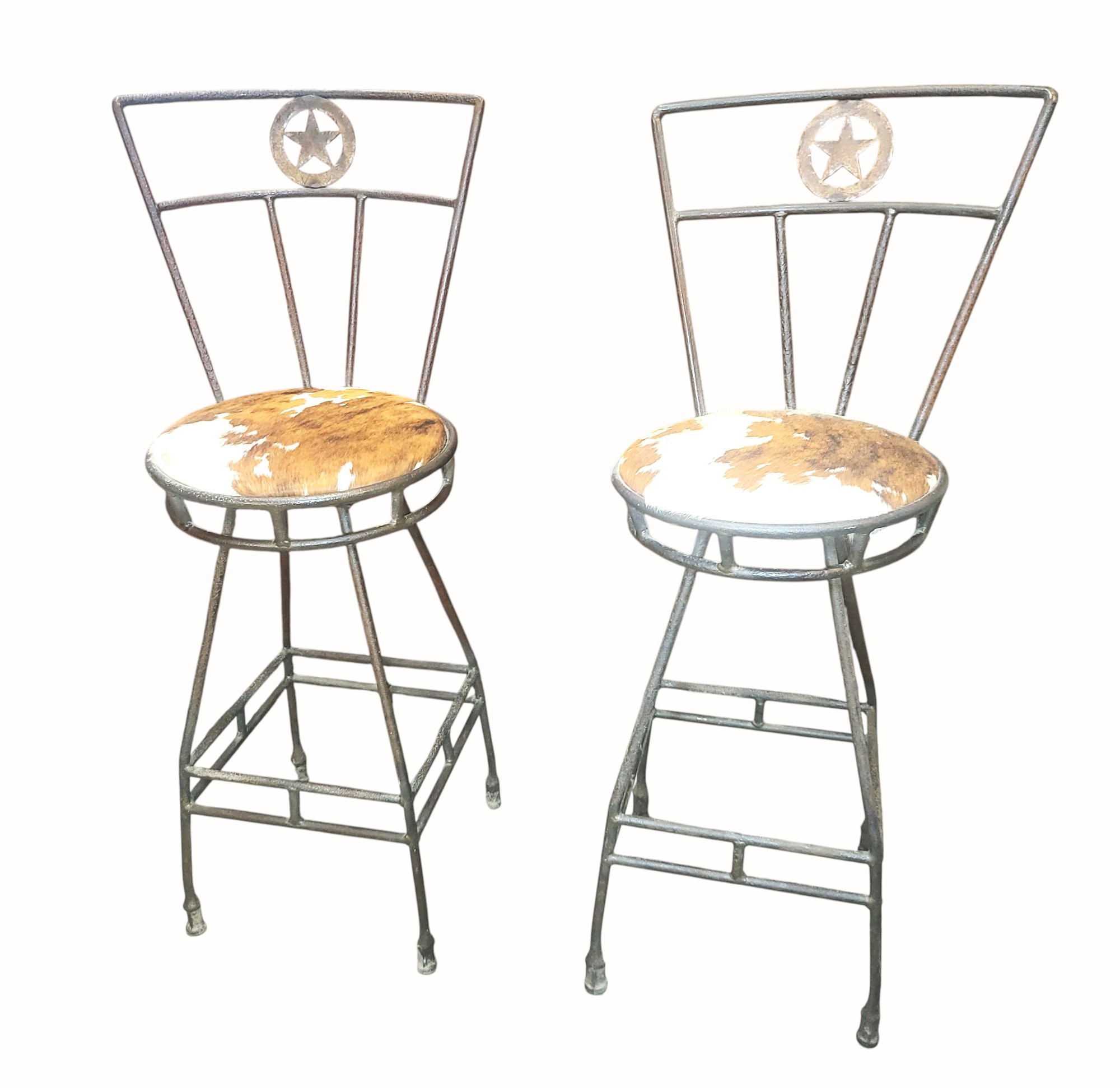 2 Country / Farm Swivel Hand Forged Iron Bar Stools with Cowhide Seats ...