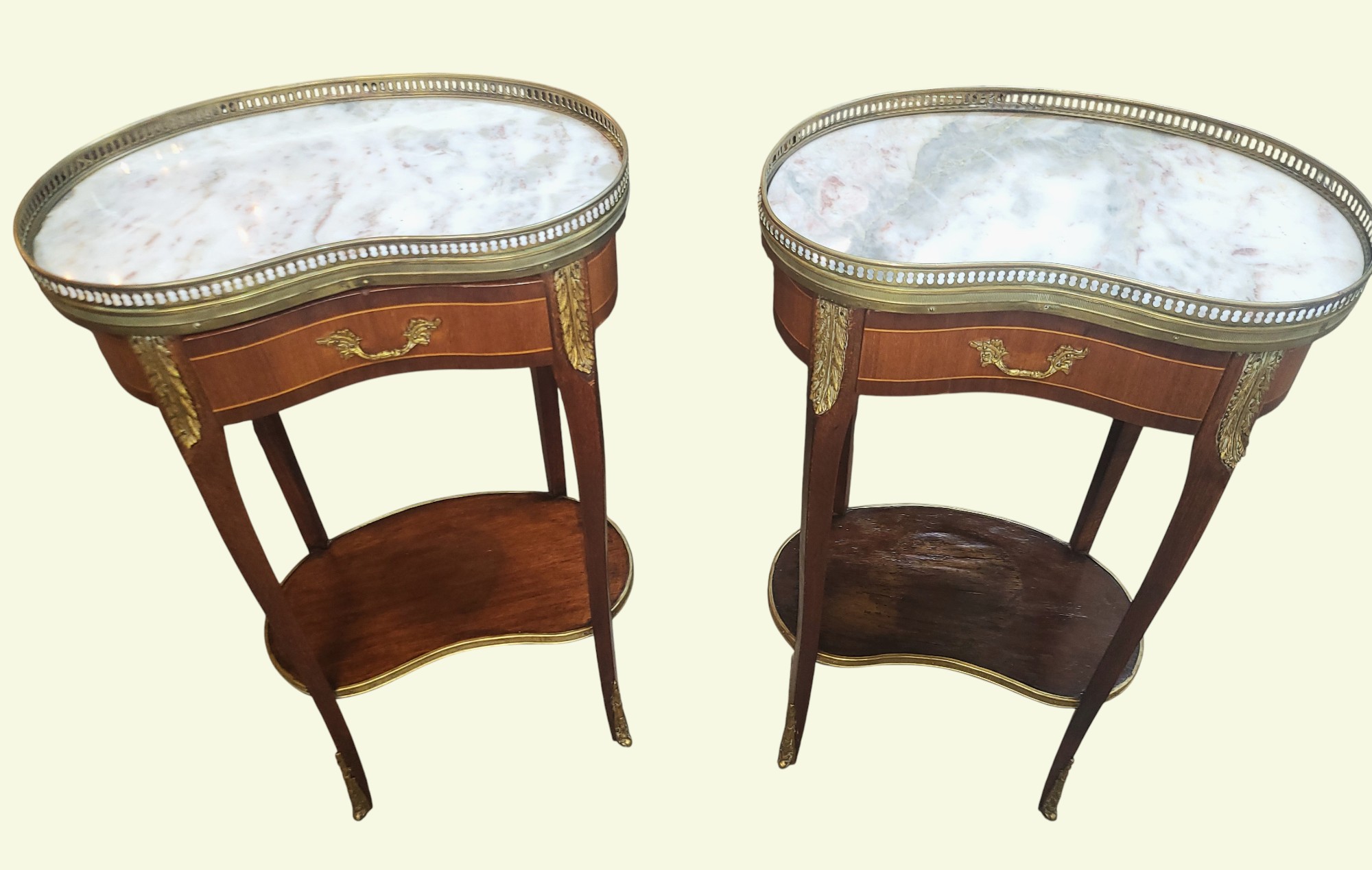 2 Small Matching Kidney-Shaped End Tables w/ Marble Top and Lower Shelf ...