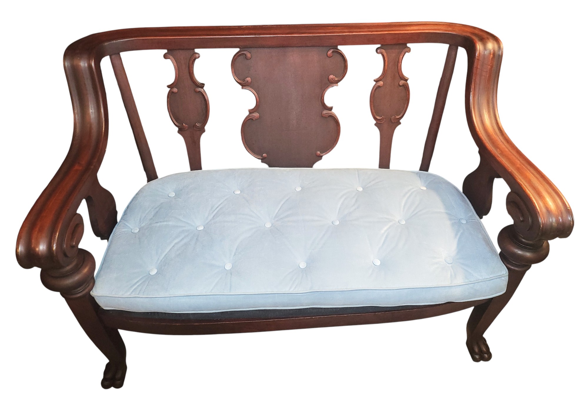 Antique Victorian Carved Dark Walnut Bench Style Settee with Blue Seat ...