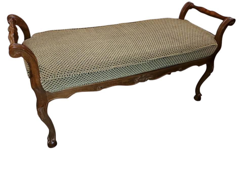 Small Carved Wood / Wicker Bench - Nice Cushion - Long Valley Traders